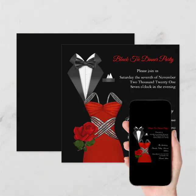Elegant Tux Red Rose Black Tie Dress Dinner Party Invitation | Zazzle