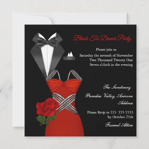 Elegant Tux Red Rose Black Tie Dress Dinner Party Invitation | Zazzle