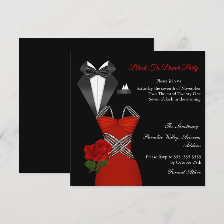 Elegant Tux Red Rose Black Tie Dress Dinner Party Invitation | Zazzle