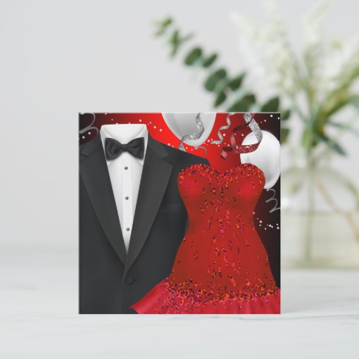 Elegant Tuxedo and Red Dress Holiday Party Invitation | Zazzle