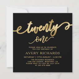 Elegant Twenty One Gold Script Black 21st Birthday Invitation | Zazzle