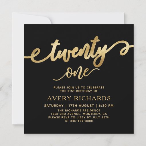 Elegant Twenty One Gold Script Black 21st Birthday Invitation | Zazzle