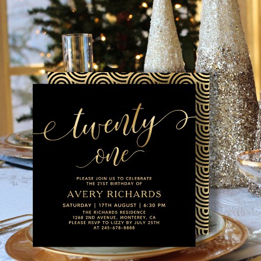 Elegant Twenty One Gold Script Black 21st Birthday Invitation | Zazzle