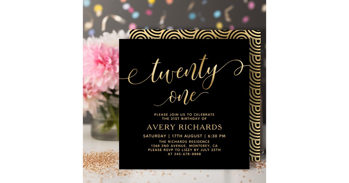 Elegant Twenty One Gold Script Black 21st Birthday Invitation | Zazzle