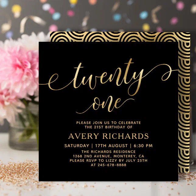 Elegant Twenty One Gold Script Black 21st Birthday Invitation | Zazzle