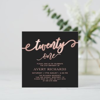 Elegant Twenty One Rose Gold Script 21st Birthday Invitation | Zazzle