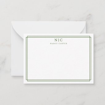 Elegant Two Monogram Dark Green Geometric Border Note Card | Zazzle