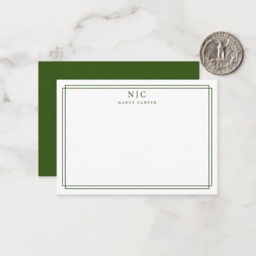Elegant Two Monogram Dark Green Geometric Border Note Card | Zazzle