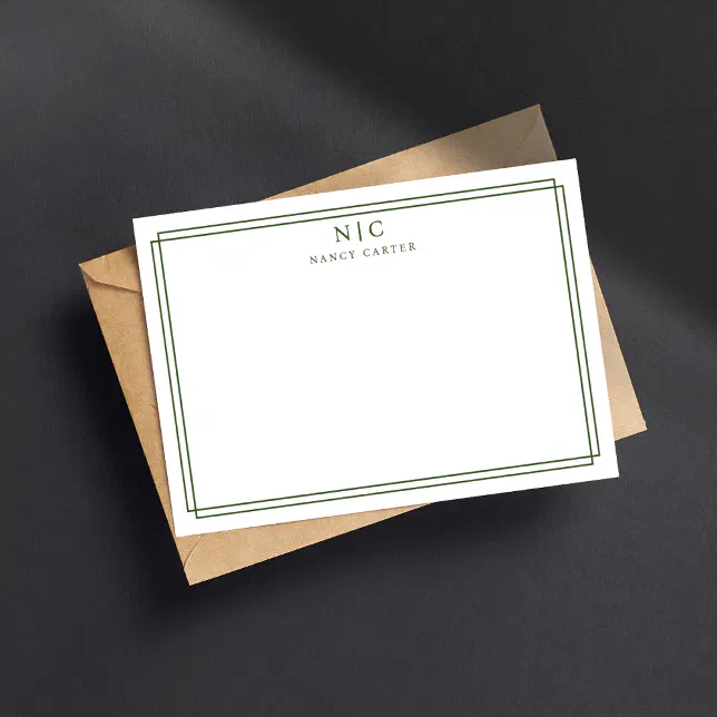 Elegant Two Monogram Dark Green Geometric Border Note Card | Zazzle