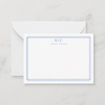 Elegant Two Monogram Light Blue Geometric Border Note Card | Zazzle
