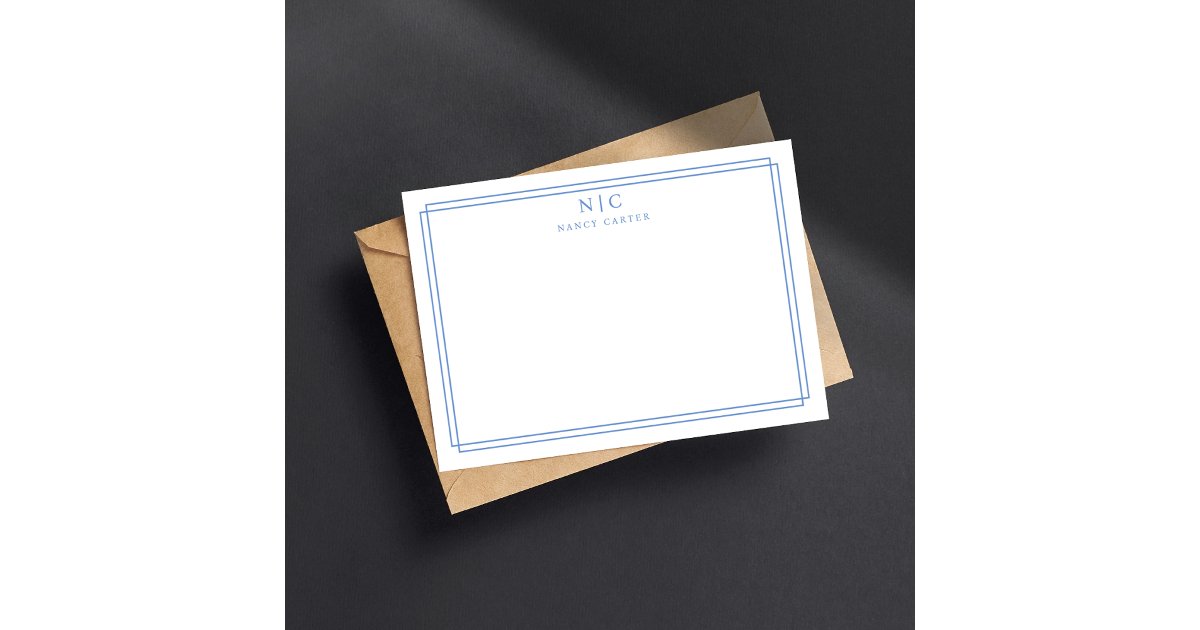 Elegant Two Monogram Light Blue Geometric Border Note Card | Zazzle