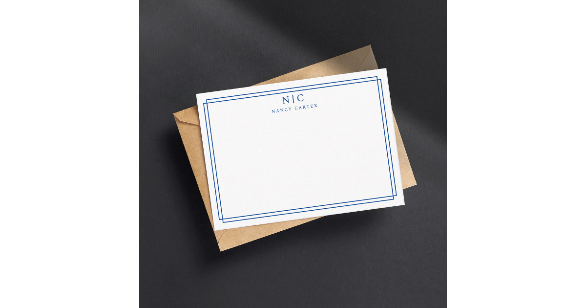 Elegant Two Monogram Navy Blue Geometric Border Note Card | Zazzle