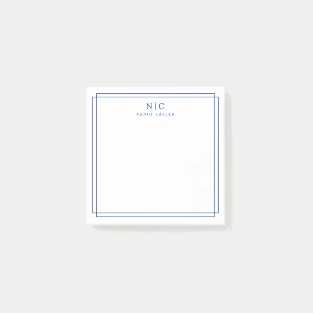 Elegant Two Monogram Navy Blue Geometric Border Post-it Notes | Zazzle