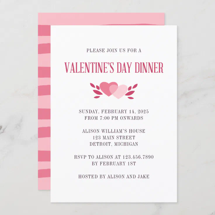 Elegant Two Pink Hearts Valentine Dinner Party Invitation | Zazzle
