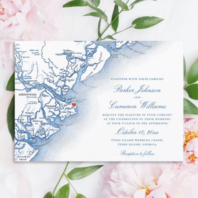 Elegant Tybee Island Georgia Map Navy Blue Wedding Invitation | Zazzle