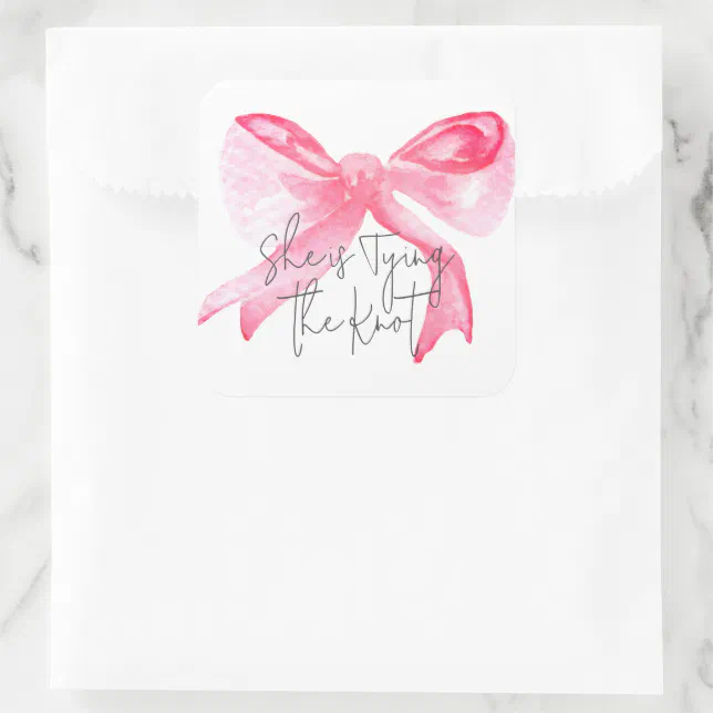 Elegant Tying the Knot Pink Bow Bridal Shower Square Sticker | Zazzle