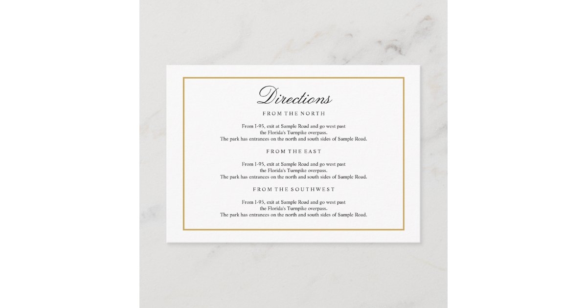 Elegant Type Black & White Gold Directions Insert | Zazzle