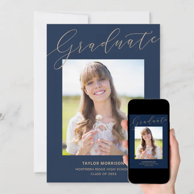 Elegant Typography Blue & Gold Graduation Party Invitation | Zazzle