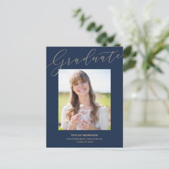 Elegant Typography Navy Blue & Gold Graduation Postcard | Zazzle