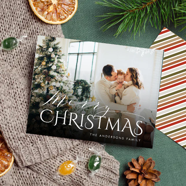 Elegant Typography Striped Merry Christmas Photo Holiday Postcard | Zazzle