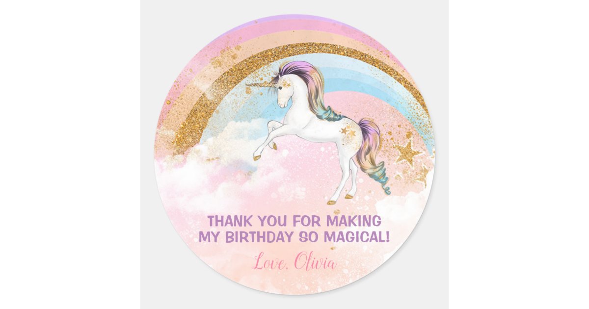 Elegant Unicorn birthday stickers, pink and gold Classic Round Sticker ...