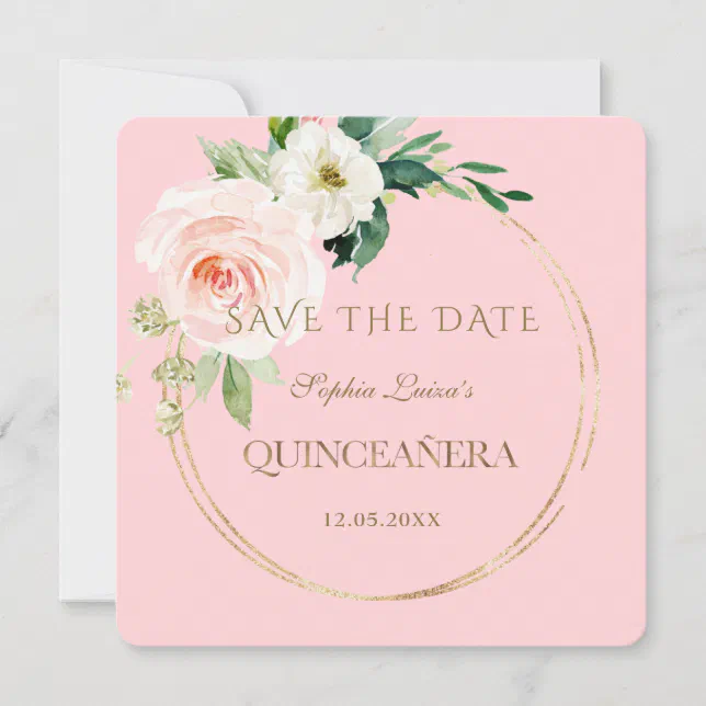 Elegant Unique Blush Cream Floral Gold Quinceañera Save The Date | Zazzle