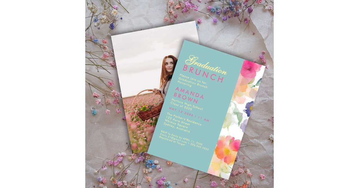 Elegant unique trendy watercolor graduation BRUNCH Invitation | Zazzle