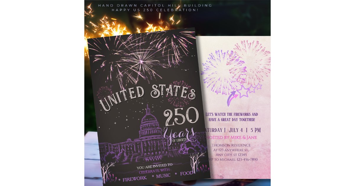 Elegant US 250 Years Firework Purple Capitol Hill Invitation | Zazzle