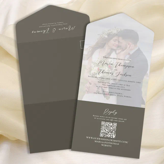 Elegant Vellum Photo Overlay Dark Brown | QR Code All In One Invitation ...