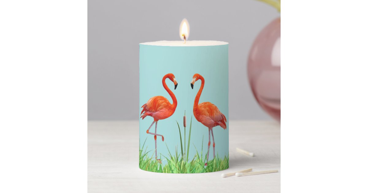 Elegant Vibrant Coral Pink Flamingos & Reed Plant Pillar Candle | Zazzle