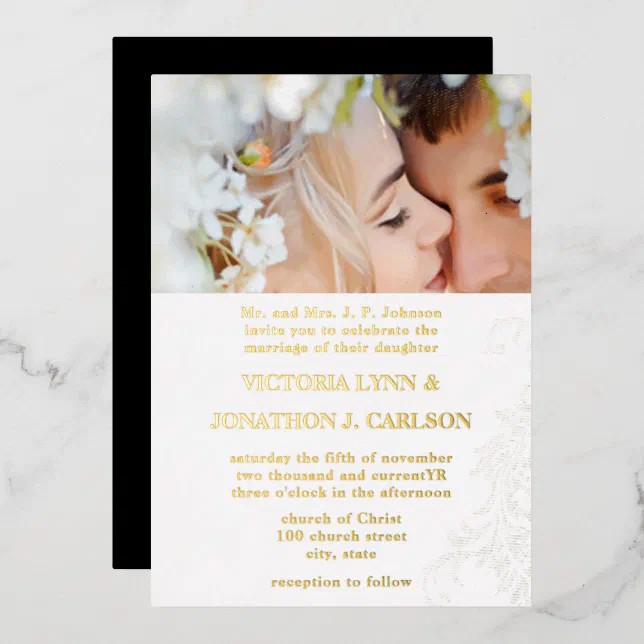 Elegant Victorian Ball Gold Photo Wedding Foil Invitation | Zazzle