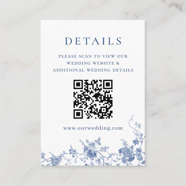 Elegant Victorian Blue Floral QR code Details Enclosure Card | Zazzle