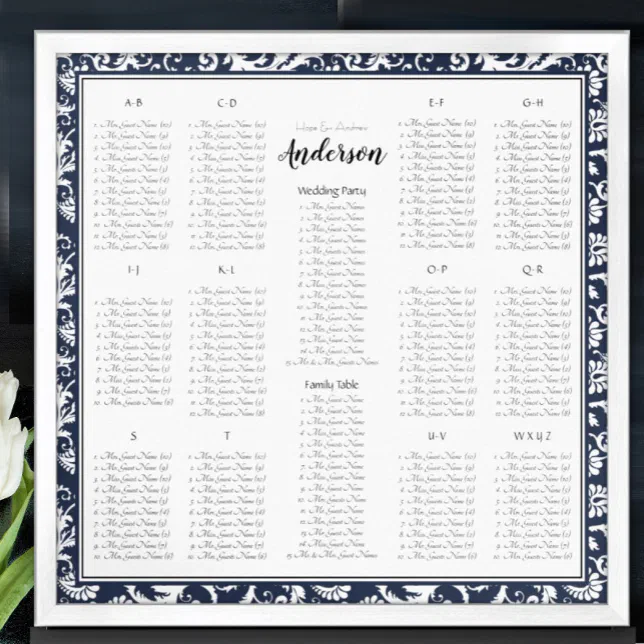 Elegant Victorian Navy Blue Damask Seating Chart | Zazzle