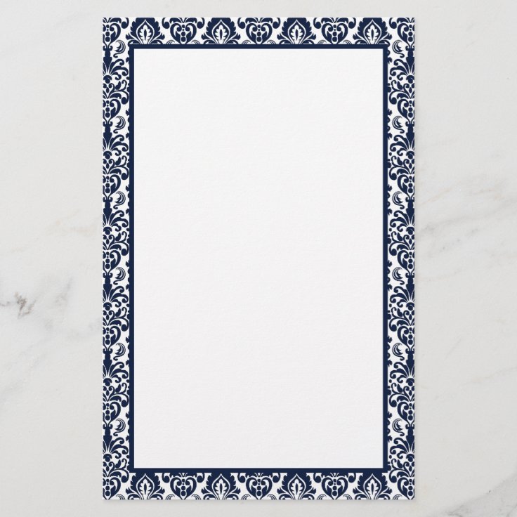Elegant Victorian Navy Lace Damask Pattern Border Stationery | Zazzle