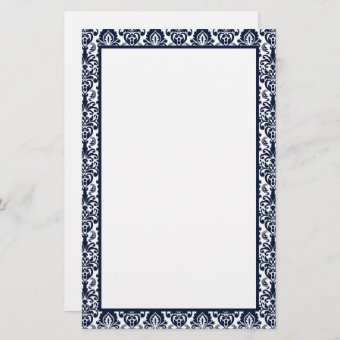Elegant Victorian Navy Lace Damask Pattern Border Stationery | Zazzle
