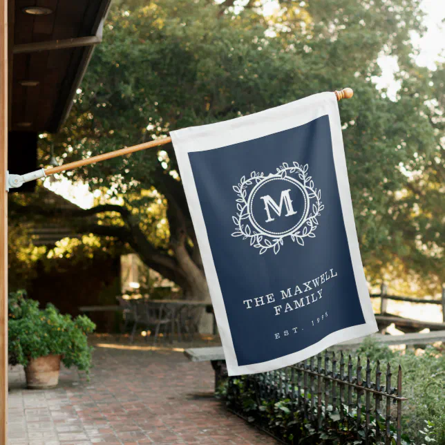 Elegant Vines Navy Blue White Monogram House Flag | Zazzle