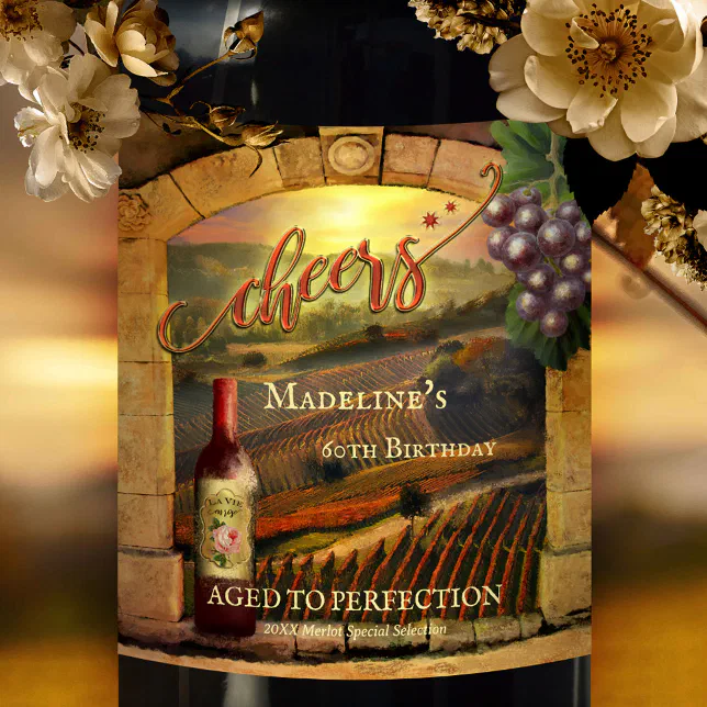 Elegant Vineyard Art Cheers Birthday Wine Label | Zazzle