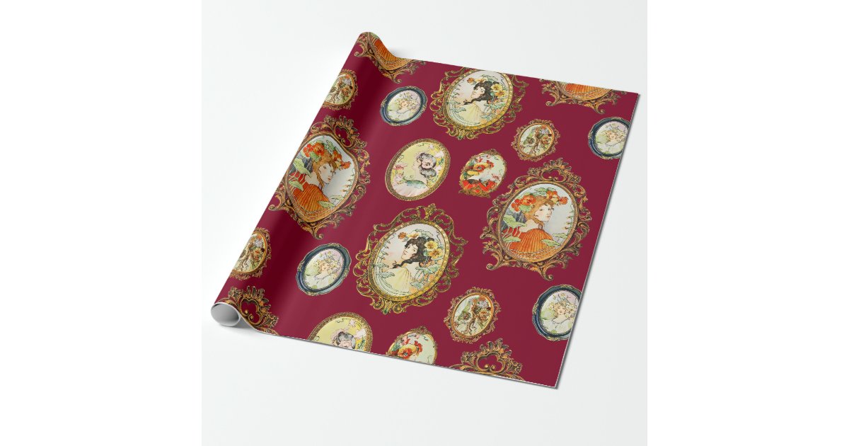 Elegant Vintage Art Nouveau Girls Flowers Frames Wrapping Paper | Zazzle