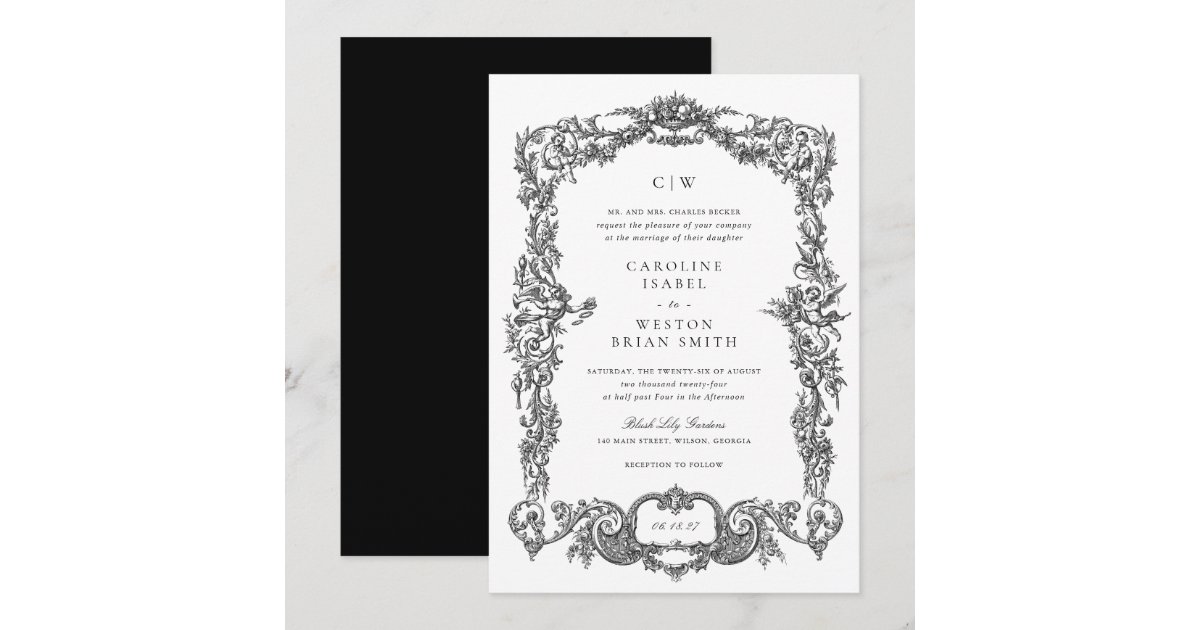 Elegant Vintage Baroque Floral Frame Wedding Invitation | Zazzle