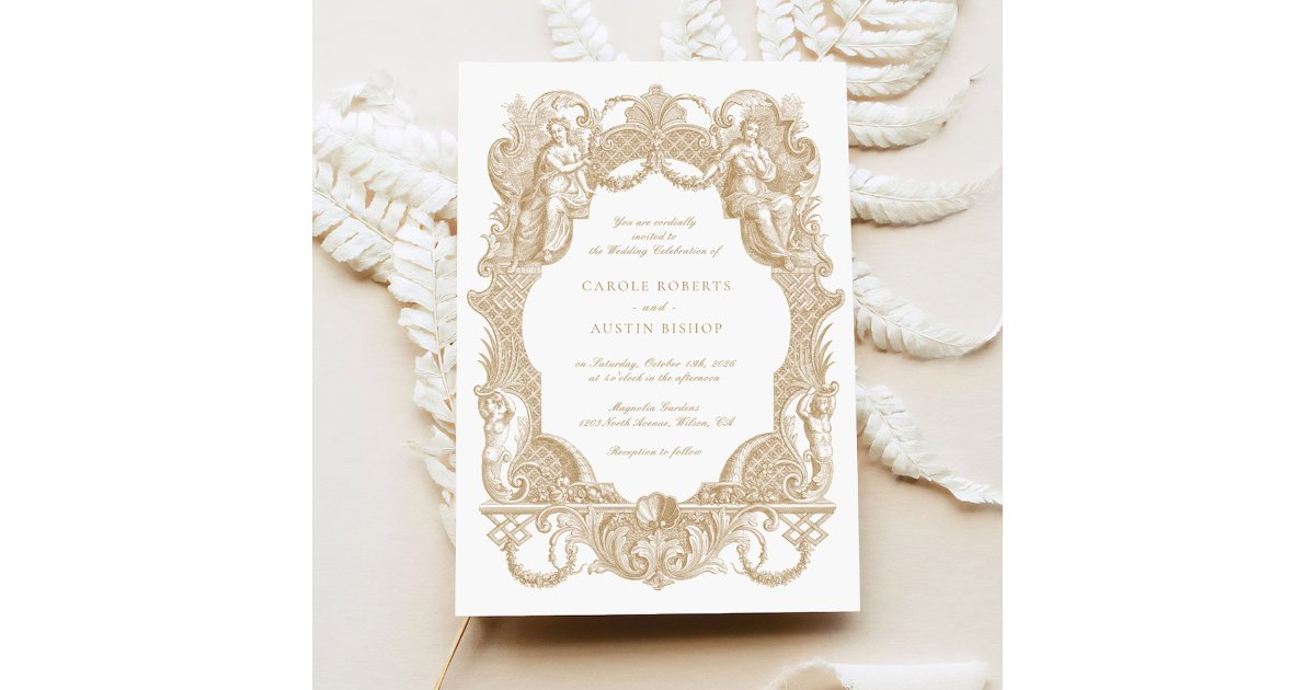 Elegant Vintage Baroque Gold Toile Frame Wedding Invitation | Zazzle