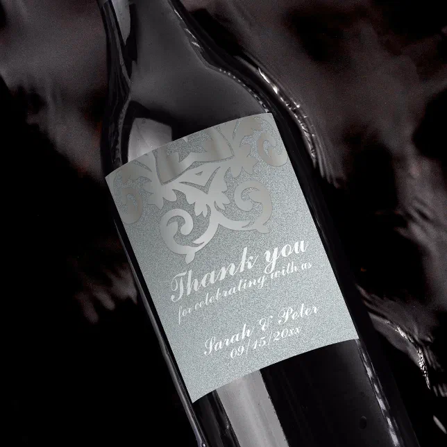 Elegant Vintage Baroque Silver Damask Wedding Wine Label | Zazzle