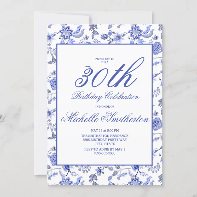 Elegant Vintage Blue Floral 30th Birthday Women Invitation | Zazzle