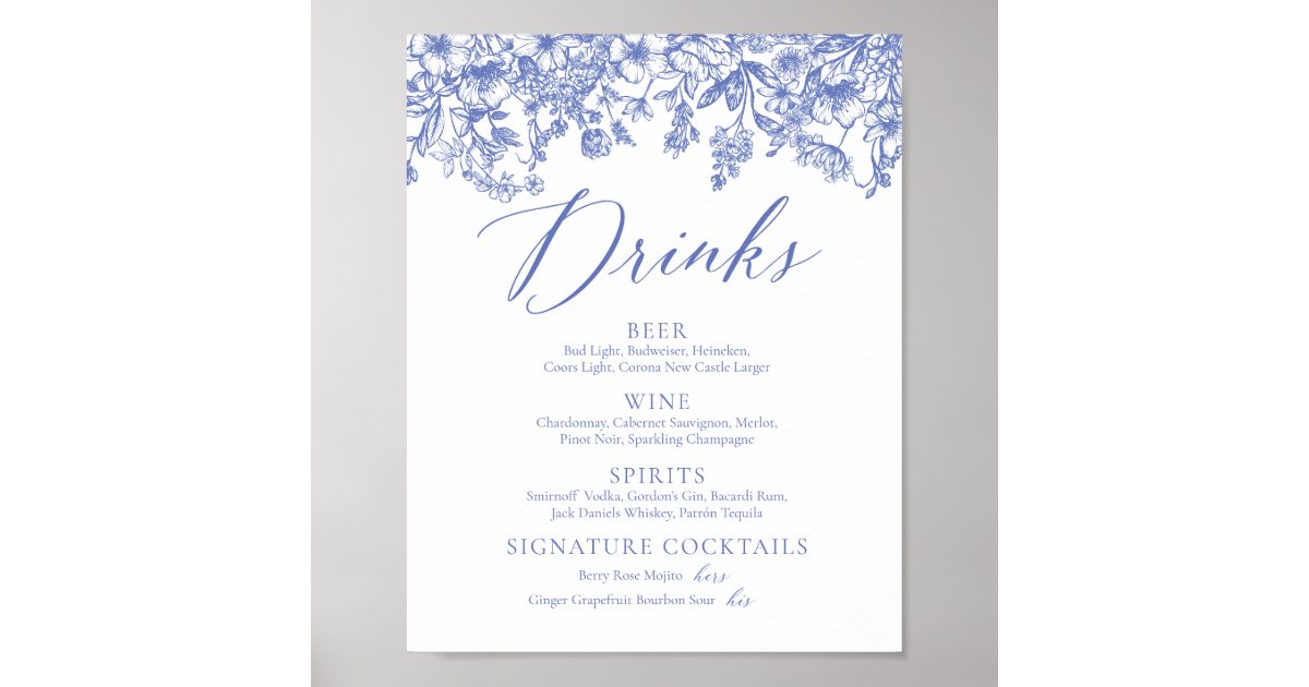 Elegant Vintage Blue Floral Drinks Menu Sign | Zazzle