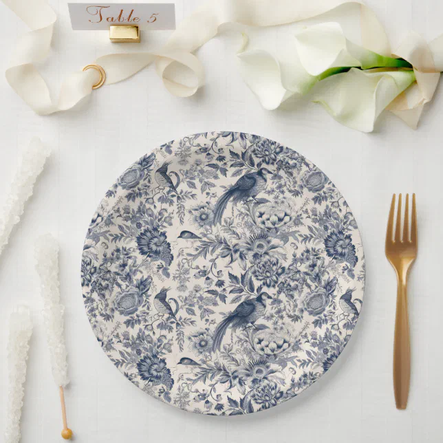 Elegant Vintage Blue Floral Toile de Jouy Paper Plates | Zazzle