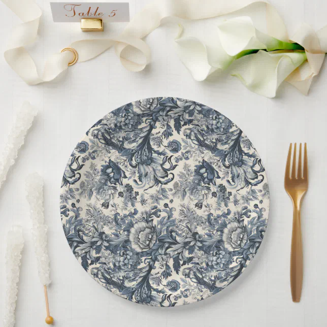 Elegant Vintage Blue Floral Toile Fleurie Paper Plates | Zazzle