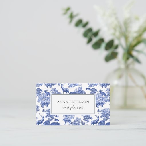 Elegant Vintage Blue French Toile Deer Business Card | Zazzle
