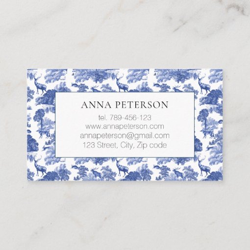 Elegant Vintage Blue French Toile Deer Business Card | Zazzle