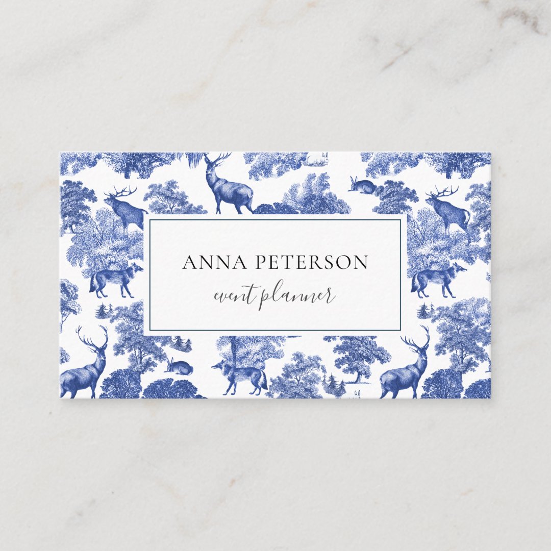 Elegant Vintage Blue French Toile Deer Business Card | Zazzle