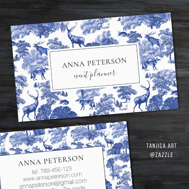 Elegant Vintage Blue French Toile Deer Business Card | Zazzle