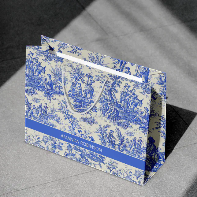 Elegant vintage blue toile de jouy large gift bag | Zazzle
